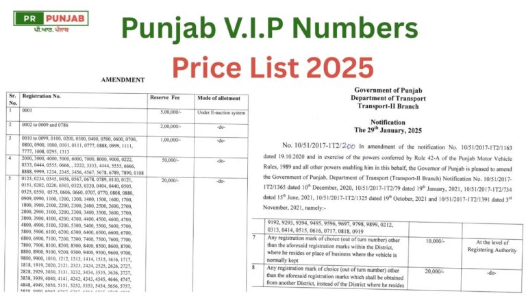 VIP Fancy Number Price list 2026 - PR Punjab